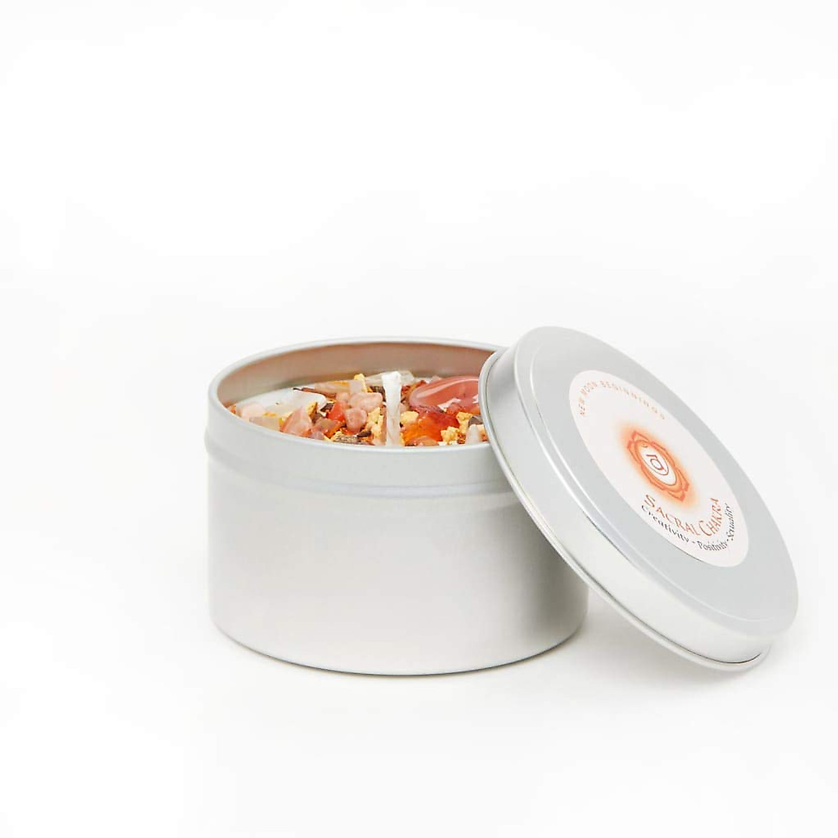 Sacral Chakra Candle by New Moon Beginnings - Chakra Candles - Dried Flower, Herb, & Crystal Candles - Aromatherapy Candles - Soy Candle - 8oz Tin