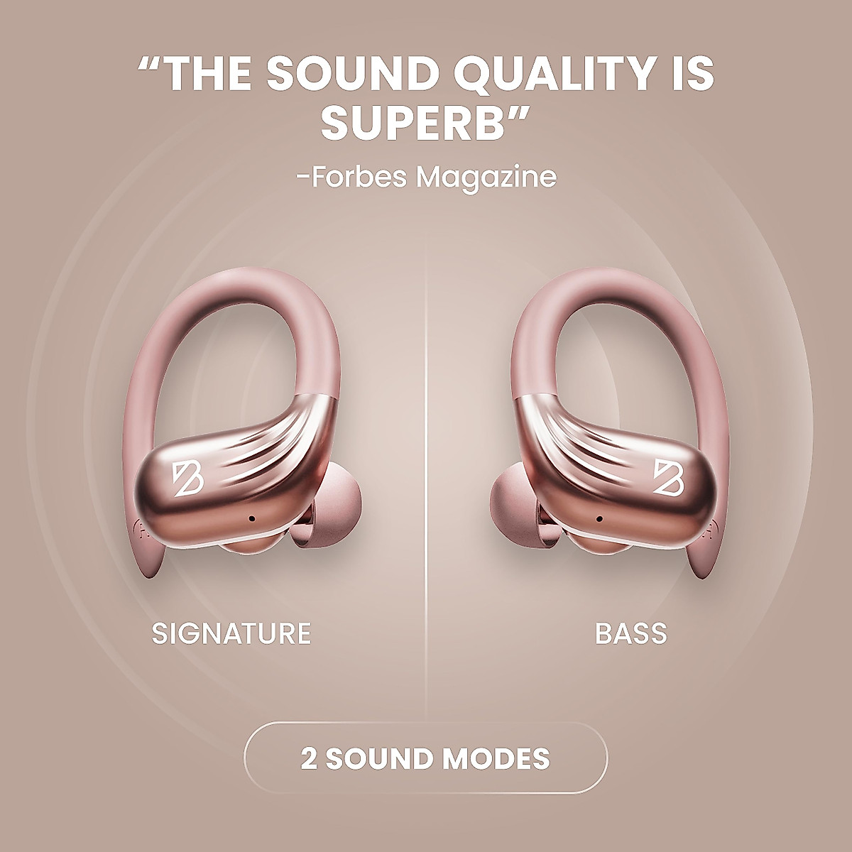 Back Bay Audio Runner 60 - Rose Gold Wireless Running Earbuds, 80 Hour Long Battery Life Over The Ear Earbuds with EarHooks, Wrap Around Ear Buds Wireless Bluetooth Earbuds with Microphone