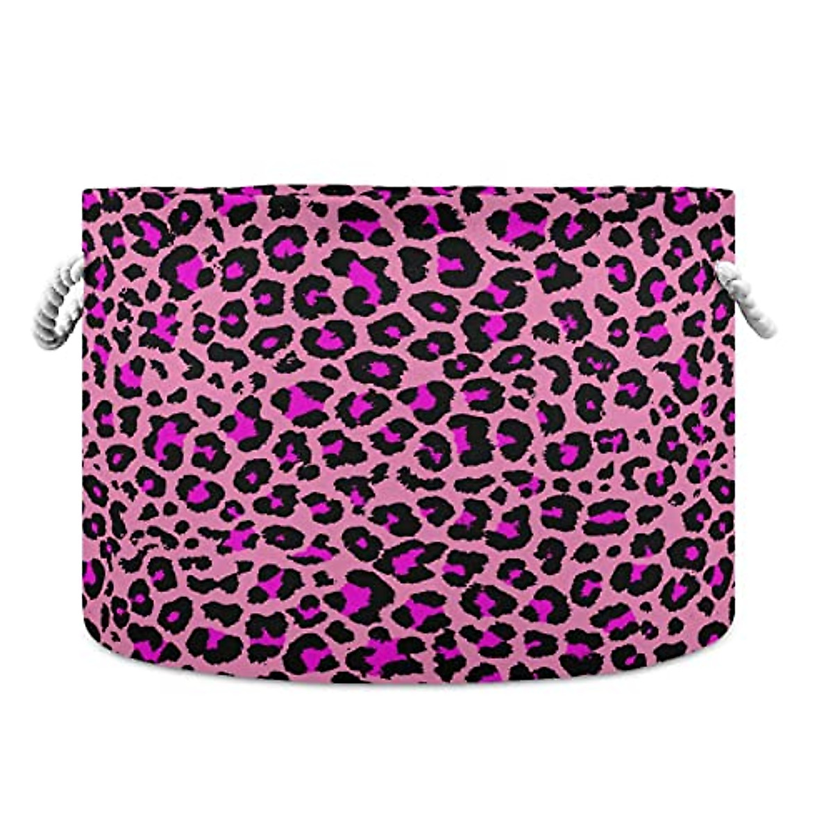 Kigai Storage Basket Pink Purple Leopard Round Toy Baskets Foldable Nursery Organizer Waterproof Inner Layer with Sturdy Handles Clothes Laundry Hamper Bin
