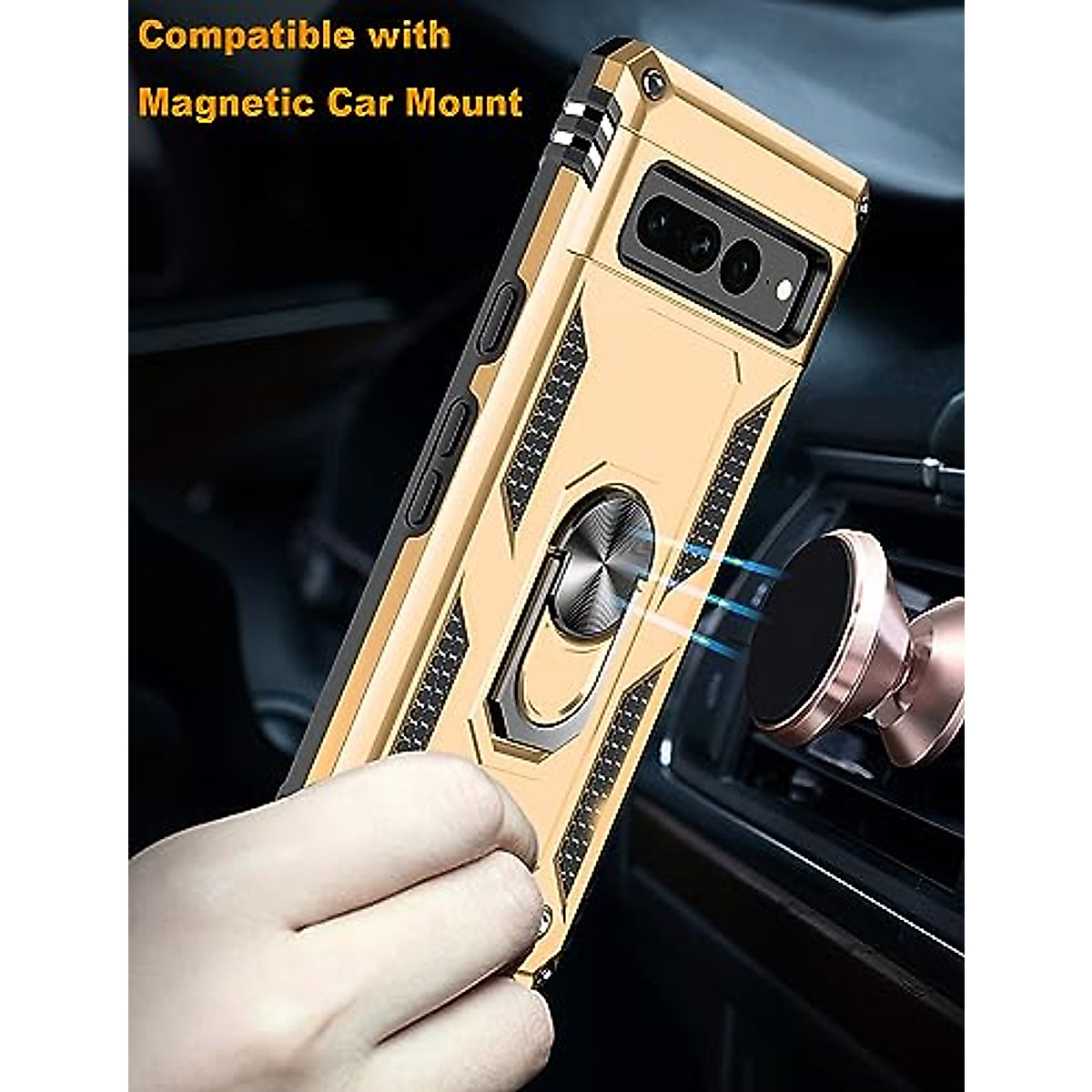 IKAZZ Suitable for Google Pixel 7 Pro Case,Military Grade Shockproof Heavy Duty Protective Phone Cover Pass 16ft Drop Test with Magnetic Kickstand Car Mount Holder Gold