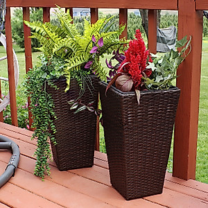 Sunnydaze Tall Square Polyrattan Indoor/Outdoor Planter - 20-Inches Tall - Set of 2 - Brown