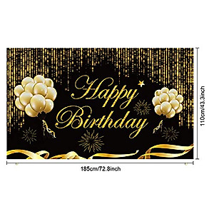 6 x 3.6ft Happy Birthday Party Backdrop Banner, Large Fabric Washable Glitter Sign Poster Background for 30th 40th 50th 60th 70th 80th Birthday Party Supplies Decorations (Black Gold)