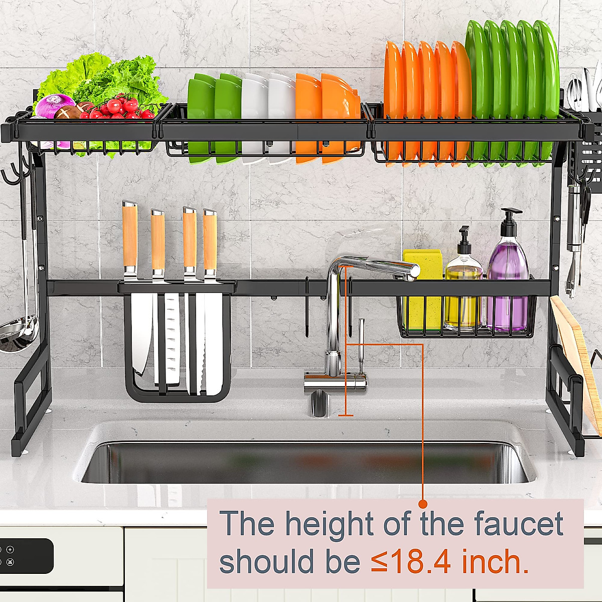 Tsmine Over The Sink Dish Drying Rack 2 Tier Stainless Steel Kitchen Dish Rack Adjustable (33.5-40.5 in), Large Dish Rack Drainer for Kitchen Organizer Storage Space Saver with 7 Utility Hooks