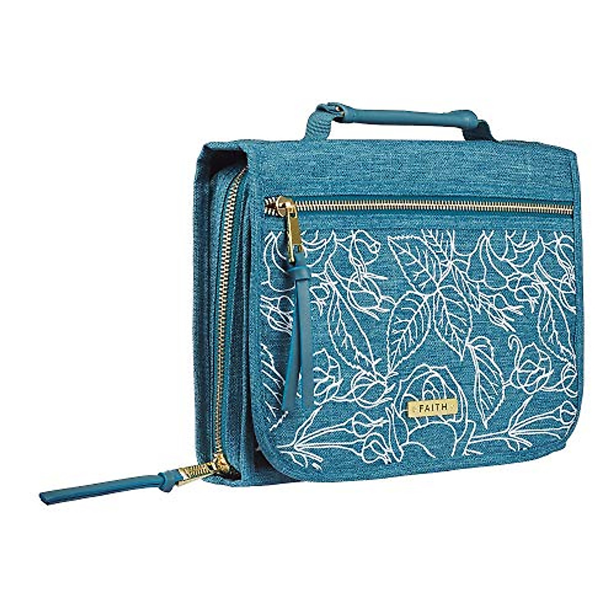 Christian Art Gifts Faith Badge Floral Women's Tri-Fold Organizer Bible Cover Zipper Closure, Teal Canvas, Medium