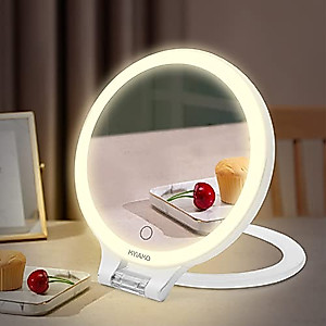 Lighted Magnifying Makeup Mirror, Two Sided 1X/10X Round Vanity Mirror with Adjustable Folding Swiwle Handle, 3 Color Lighting, Rechargeable