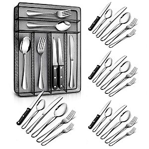 Teivio 36 Piece Silverware Set, Flatware Utensils Set Mirror Polished, Dishwasher Safe Service for 6, Include Knife/Fork/Spoon/Steak Knife/Wire Mesh Steel Cutlery Holder Storage Trays (Silver)