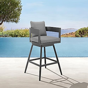 Menorca Outdoor Patio Swivel Bar Stool in Aluminum with Gray Cushions