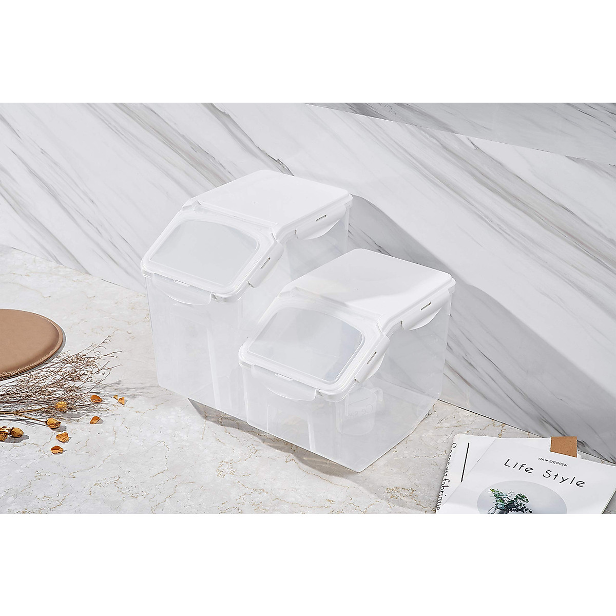 HANAMYA Food Storage Container with Measuring Cup, BPA free, 50-Cup, For Rice | Grain | Pet Food | Flour, Clear & Off White