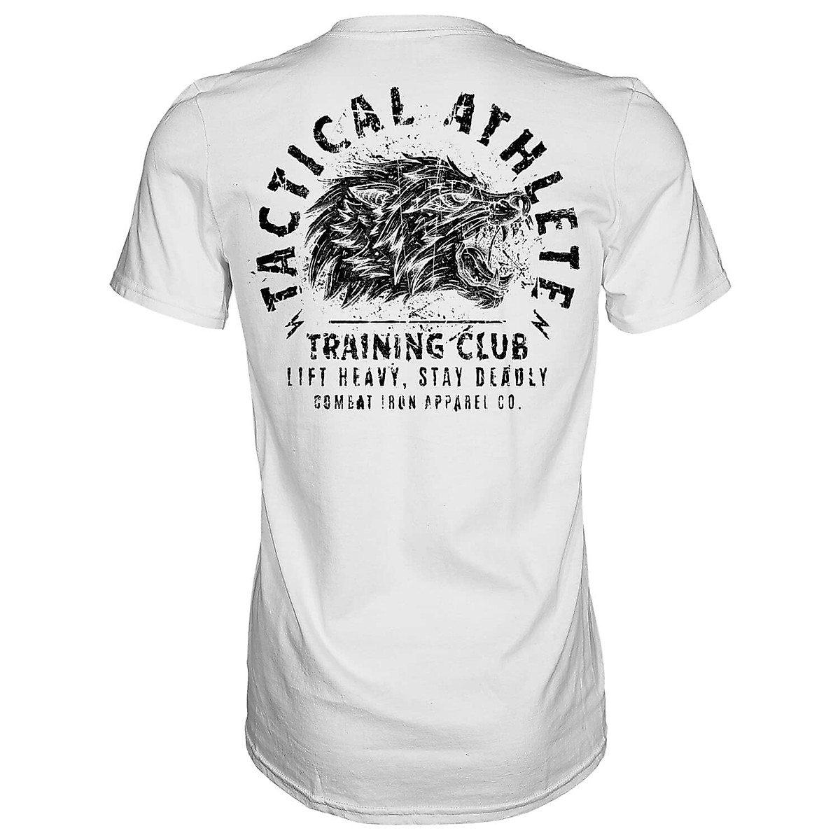Combat Iron Men's Graphic Short Sleeve T-Shirt | Tactical Athlete Training Club Wolf Edition Mens Novelty Tee | White, X-Large
