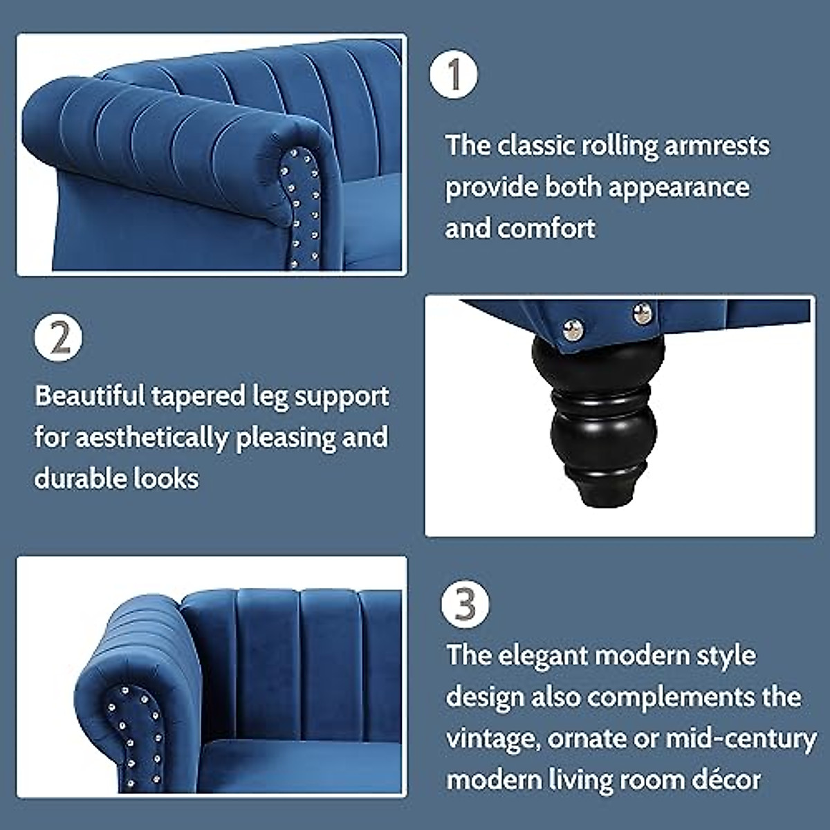 3-Piece Sofa Sets Living Room Sets with Solid Wood legs, Buttoned Tufted Backrest, Frosted Velvet Upholstered Couches Sets Including 3-Seat Sofa, Loveseat and Chair for Living Room (Blue)