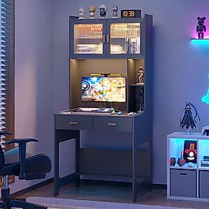 Vlsrka LED Home Office Desk with Hutch, 31.5 Inch Modern Computer Desk with Power Outlet, Wooden Bush Study Desk with Storage Drawers & Shelves (Matte Black)