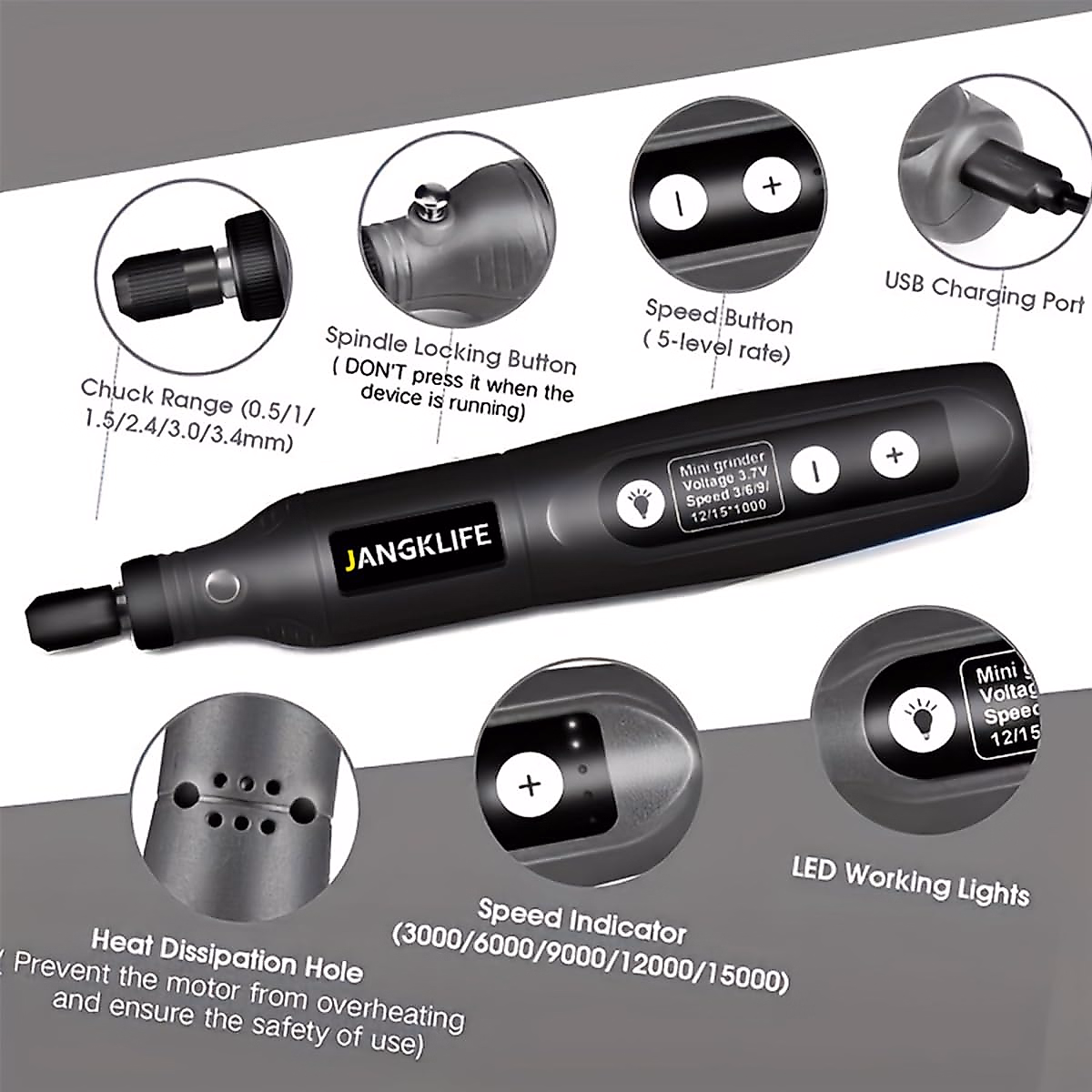 JANGKLIFE Mini Cordless Rotary Tool Kit, 5-Speed ​​Adjustable and USB Rechargeable with 61 Accessories for Sanding, Polishing, Drilling, Etching, Engraving, DIY Crafts