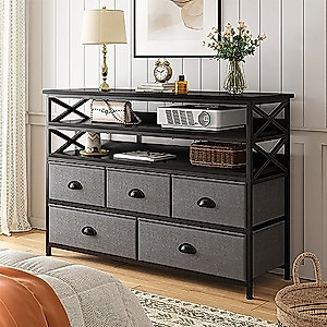 EnHomee Dresser TV Stand for Bedroom Entertainment Center with Fabric Drawers up to 55''TV Media Console Table with Wood Open Shelves Storage Drawer Dresser for Bedroom, Living Room, Entryway, Grey