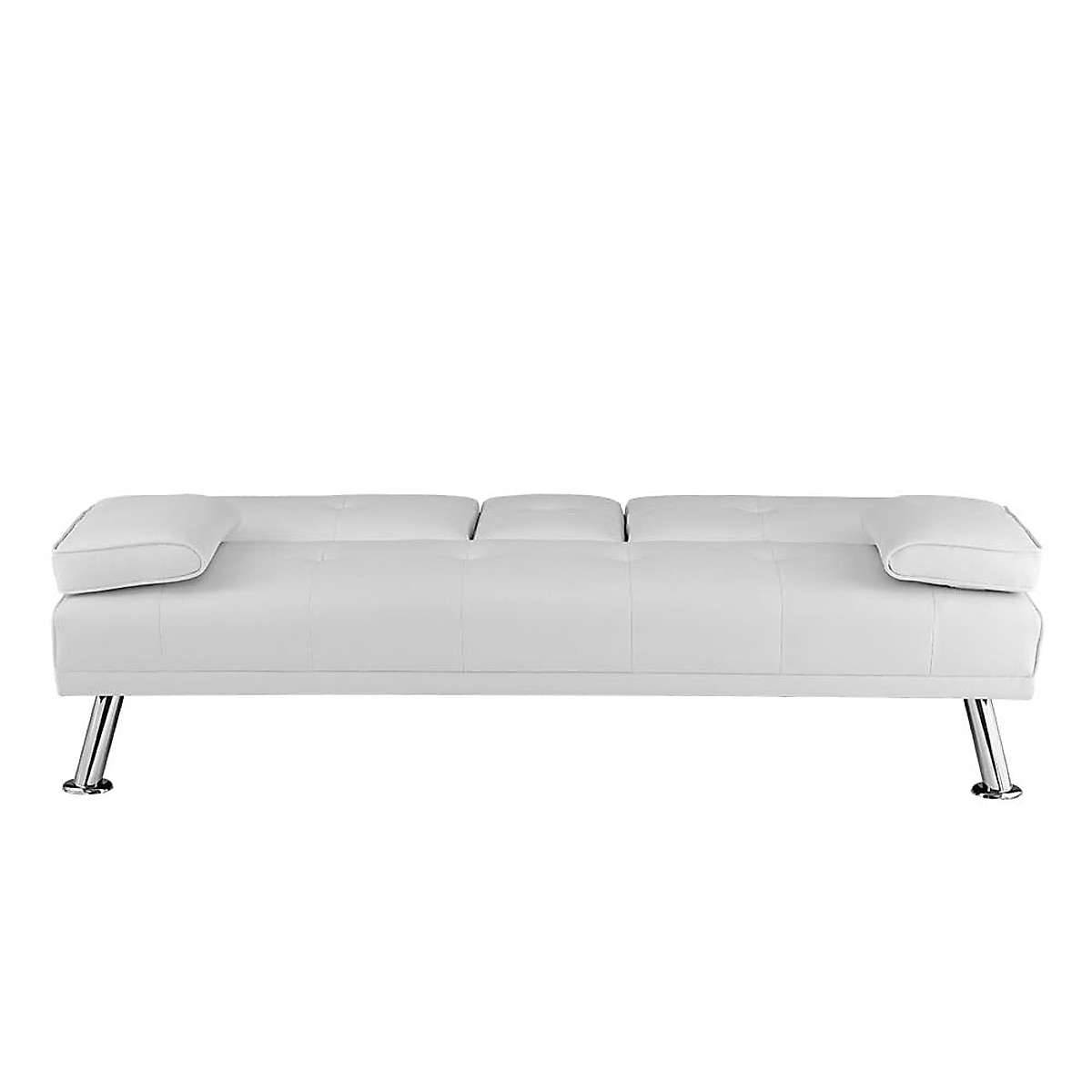 Maykoosh Low Profile Design: Convertible Folding Futon Sofa Bed Sleeper Couch for Living Room Upholstered Futon Sofa with Armrests, Metal Legs, 2 Cup Holders White/Faux Leather
