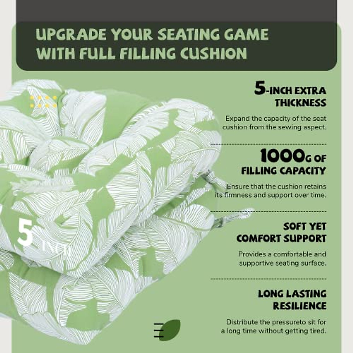 RACLVAY Outdoor Chair Cushions, Outdoor Cushions 19x19 inch, Patio Chair Cushions Seat Pads, Indoor Full-Length Ties for Non-Slip Support, Plump Filling, Premium Thick Fiber, Set of 2, Green