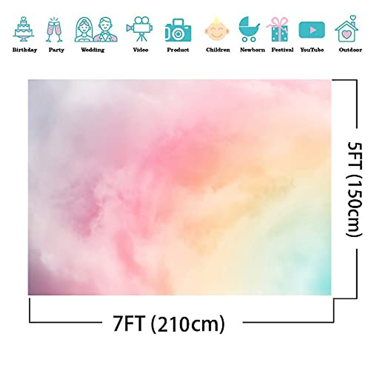 AIIKES 7X5FT Rainbow Cloud Birthday Backdrop Gradient Color Cloud Photography Backdrop Baby Shower Girl Birthday Cake Smash Wedding Party Decoration Photo Studio Props 12-420