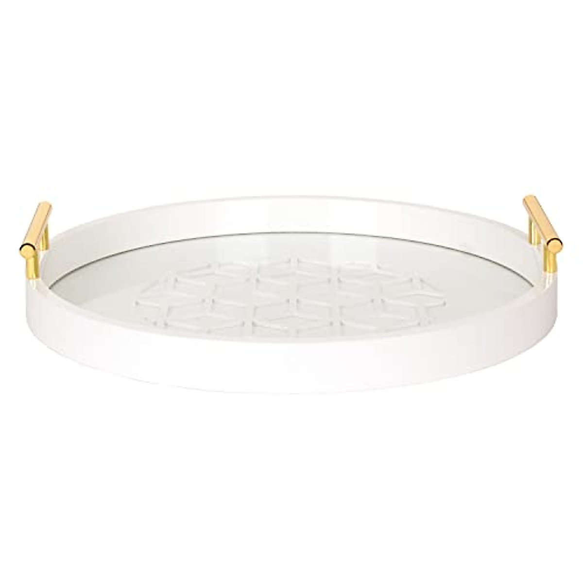 Kate and Laurel Caspen Round Cut Out Pattern Decorative Tray with Gold Metal Handles, White