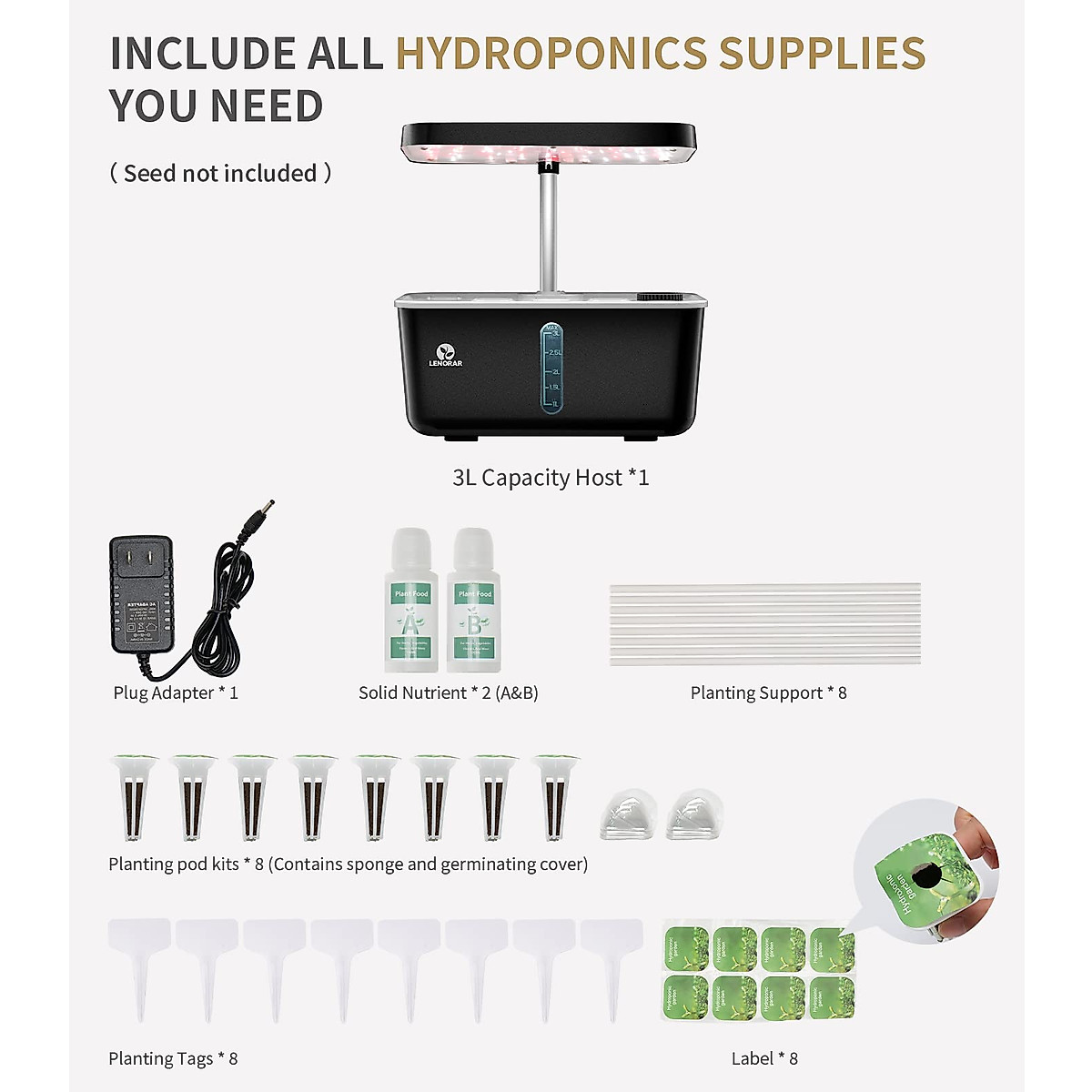 Hydroponics Growing System, 8 Pods Desktop Hydroponic Garden with Custom Spectrum LED Grow Light for Indoor Plants, Ultra-quiet Automatic Cycle Planting Herb Garden Kit with Water Pump for Home Office