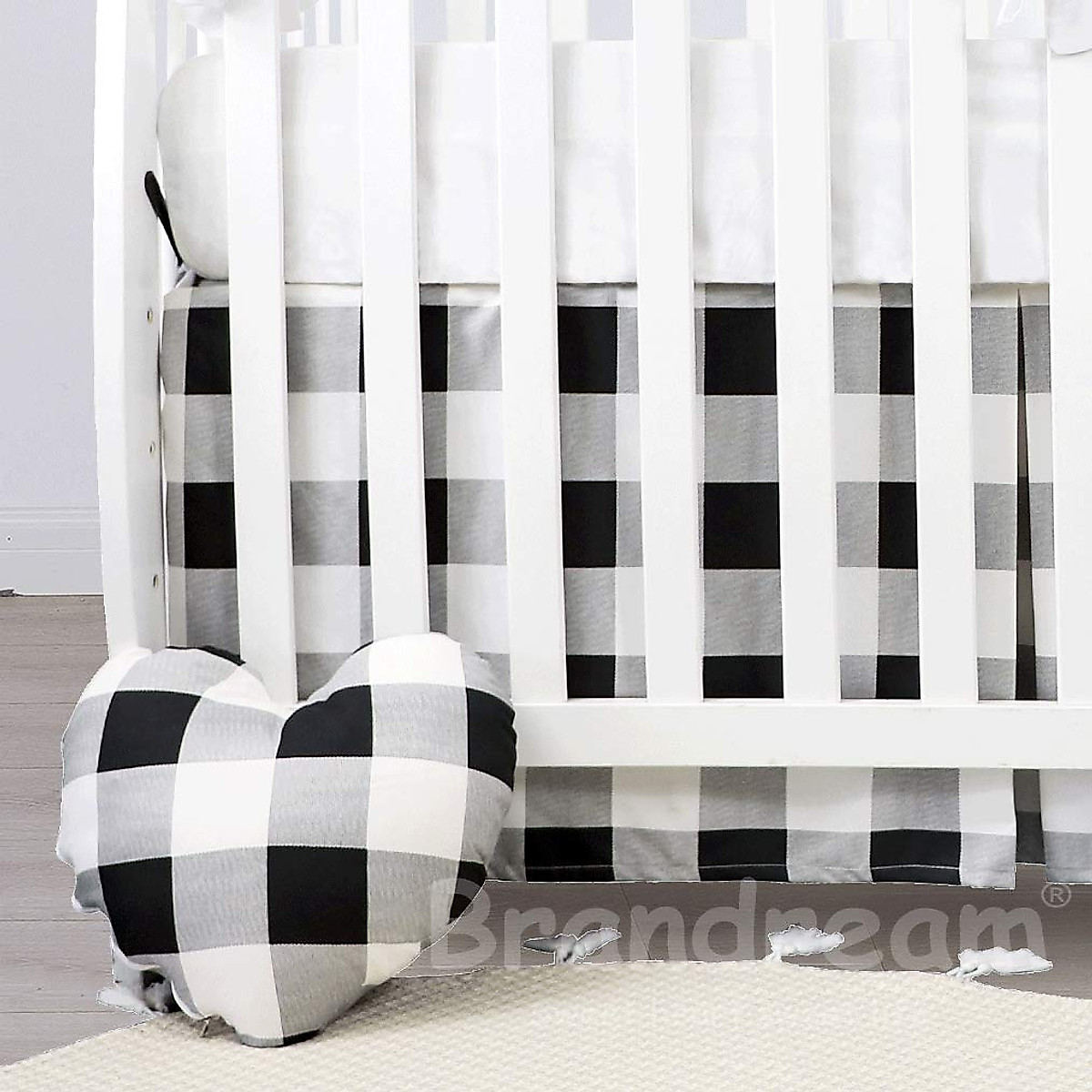 Brandream White Black Nursery Bedding Buffalo Plaid Neutral Baby Bedding 3 Piece Patchwork Blanket Set, Fitted Sheet, Crib Skirt