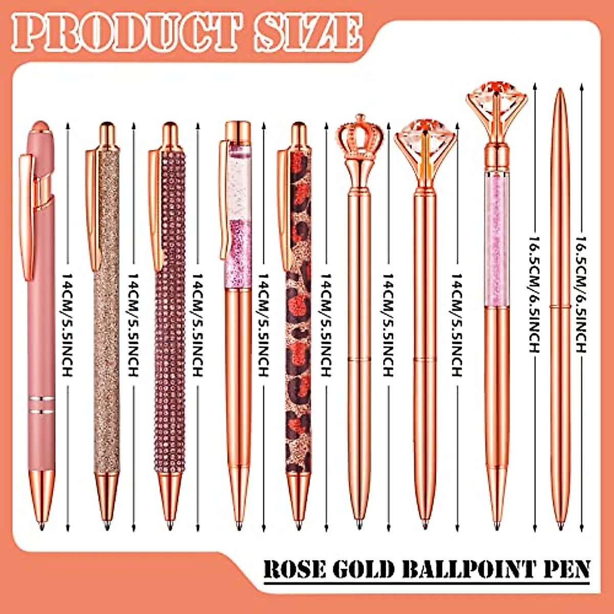 9 Pcs Ballpoint Cute Pens Set Leopard Fancy Pens Liquid Sand Glitter Pens Crystal Big Diamond Pen Crown Pretty Pens Metal Slim Ballpoint Pens Girly Black Ink for Home Wedding School Office (Rose Gold)
