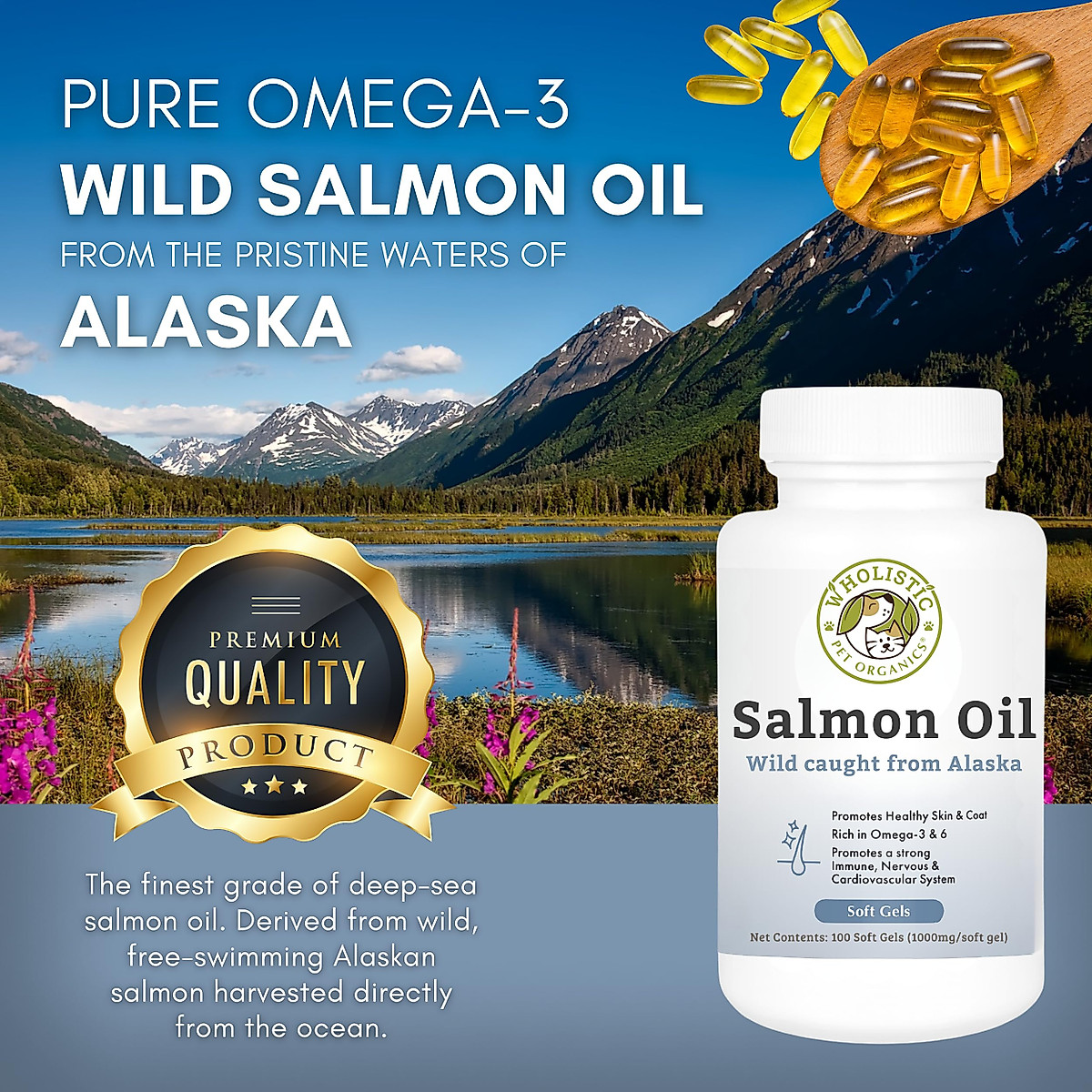 Wholistic Pet Organics Wild Alaskan Salmon Oil for Dogs - 100 Soft Gels - Rich Omega 3 Fish Oil with EPA & DHA for Skin, Coat, Joint, and Heart Health - Choice for Dog Skin & Coat Care