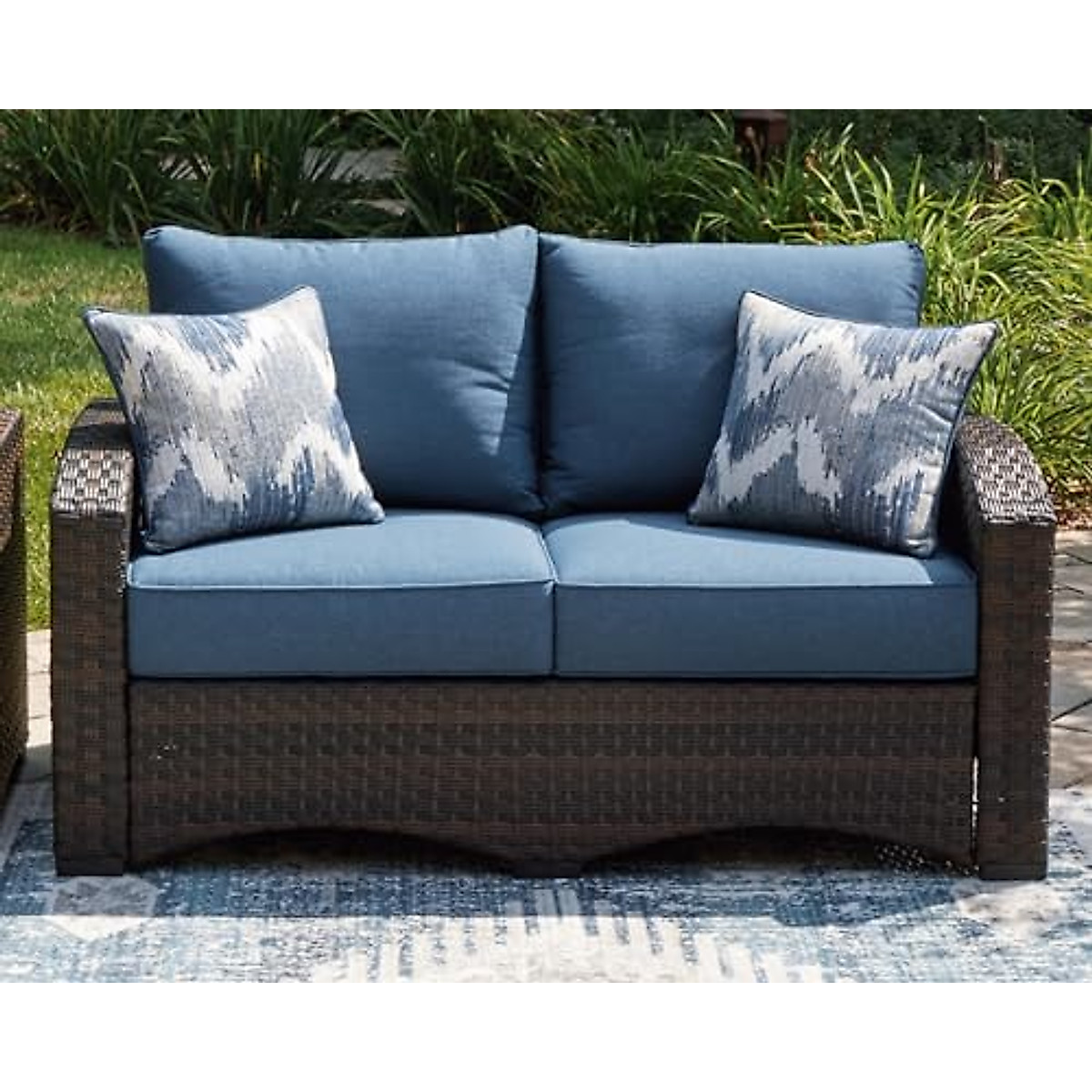 Signature Design by Ashley Windglow Outdoor Loveseat with Cushion Love Seats, 58" W x 31" D x 37" H, Blue & Dark Brown