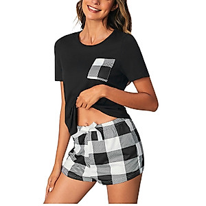 SOLY HUX Women's Short Sleeve Tee Top and Plaid Shorts Lounge Pajama Set Sleepwear Black White S