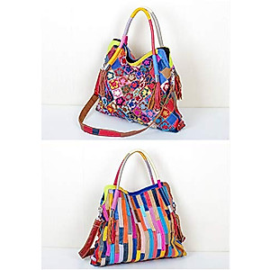 Downupdown Women Handbags Genuine Leather Tote Bag 3D-Flower Shoulder Bag Multicolor Splice Totes Satchel Purse with Tassels