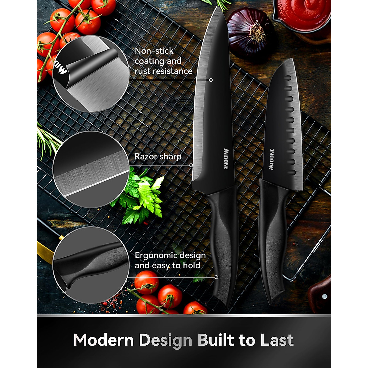 MIDONE Knife Set with Block, 17 Pieces Kitchen Knife Set with Built in Knife Sharpener Block, German Stainless Steel Knife Block Set, Elegant Black