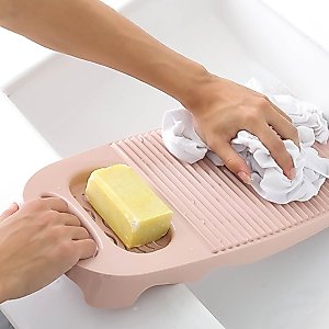 Wash Board, Washboard for Hand Washing Clothes, Plastics Laundry Scrub Board Household With Holder Portable (A-light pink)