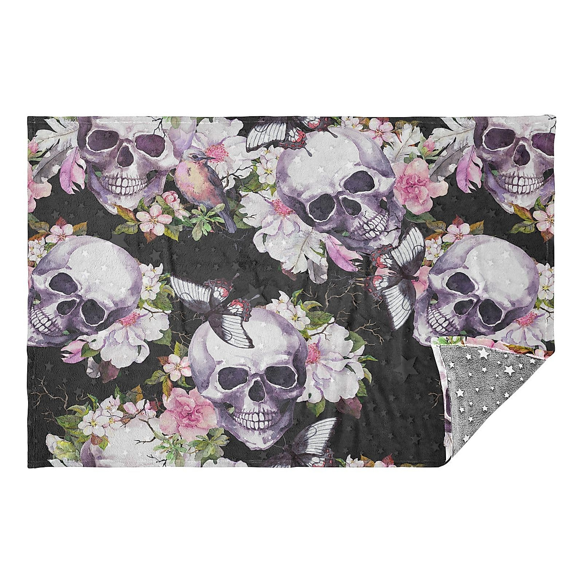 Joko Ivery Skulls Flowers Birds Butterflies Premium Soft Travel Blanket Pillow Airplane Blanket with Hand Luggage Belt & Backpack Clip Travel Pillow and Blanket 2 in 1 for Airplane Car Office Home