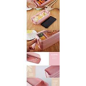 LETSKAB 2-Piece 3-in-1 Compartment Wheatgrass Bento Lunch Box Stackable lunch containers Leak Proof Eco-Friendly Adult Meal Prep Lunch box Container (Pink/Beige)