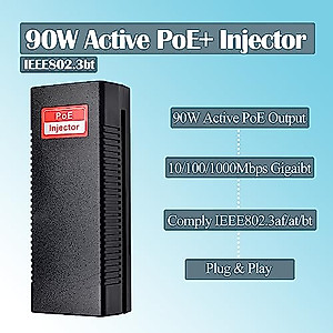 Revotech Gigabit 90W PoE++ Injector 54-56V Adapter, 10/100/1000Base-T IEEE 802.3bt PoE Standard Active POE+, Plug and Play for Wireless Access Points/PTZ/Videophones