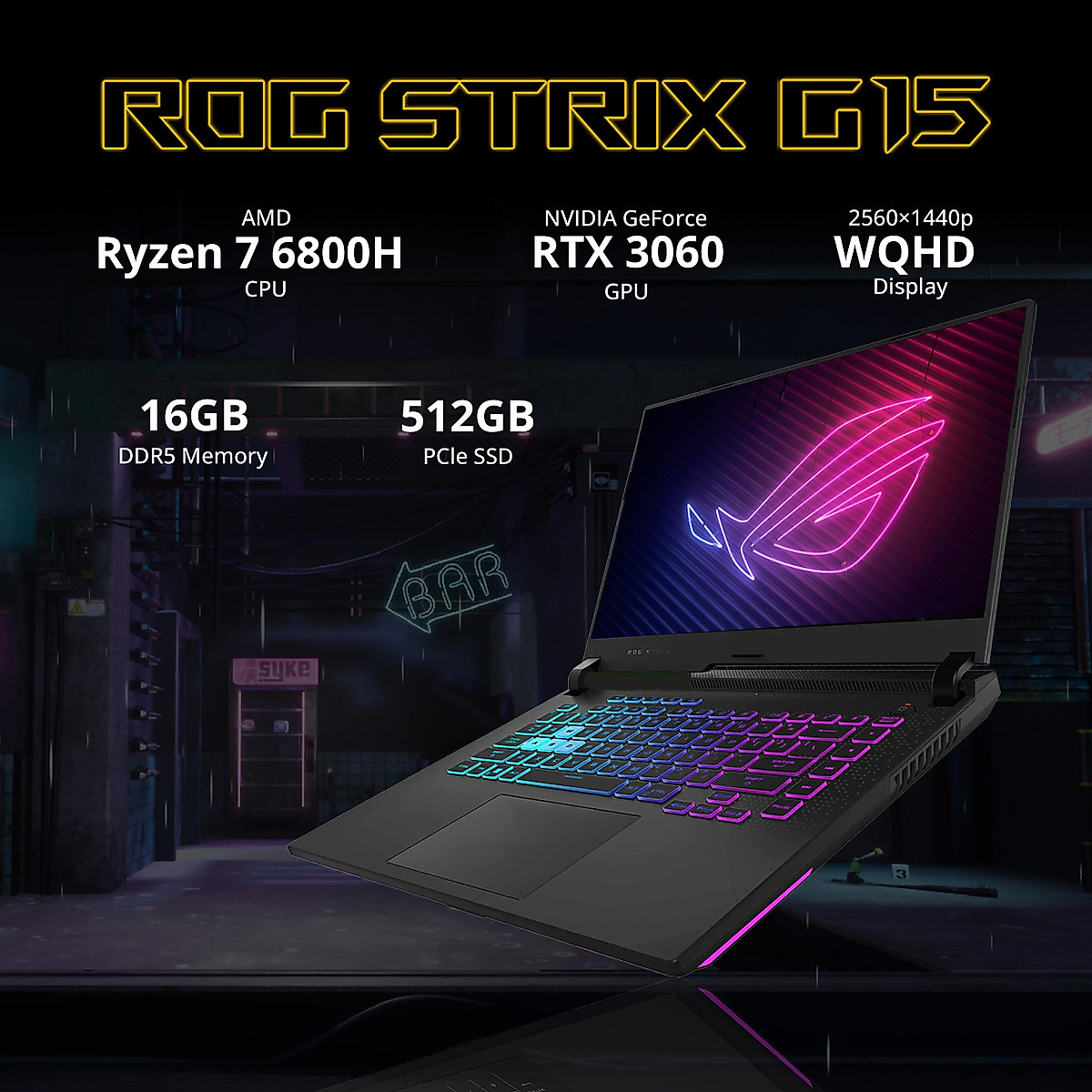 ASUS ROG Strix G15 Gaming Laptop, 15.6" WQHD 165Hz Display, AMD Ryzen 7-6800H, 16GB DDR5, 512GB SSD, RGB Backlit Keyboard, GeForce RTX 3060 6G, Win 11 Pro, WI-FI 6, Gray, 128GB Hotface Extension Set