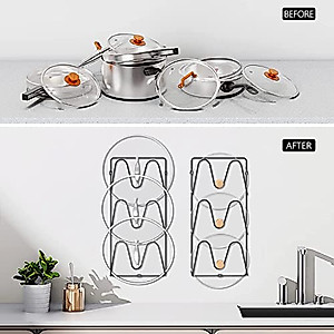 SGOOOD 2 Pack Pot Lid Organizer Rack - 3 Tier Pot Lids Holder No Drilling Adhesive Wall Mounted Lid Rack for Kitchen Cabinet Door Mounted Pot and Pan Covers Holder Rack, Black