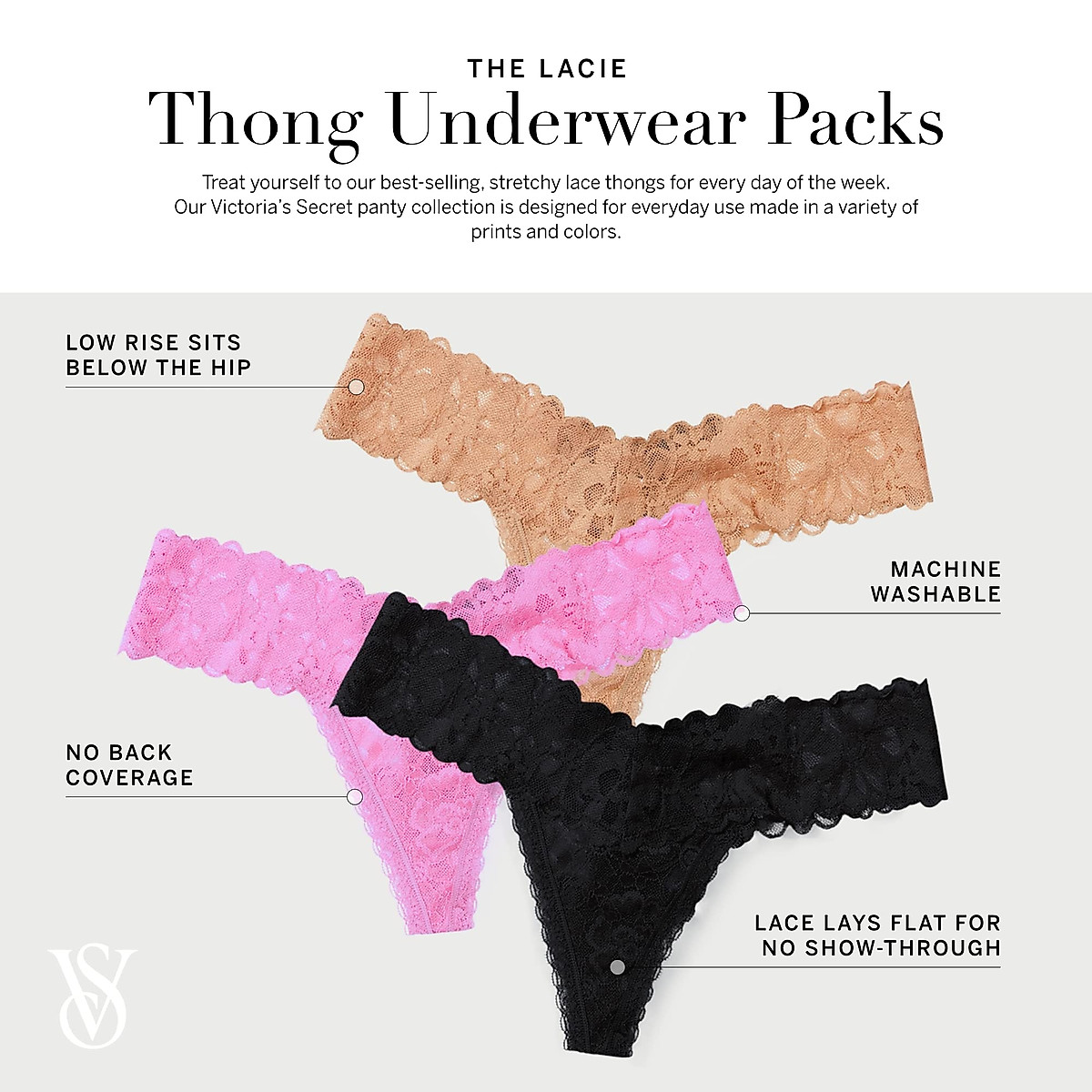 Victoria's Secret Lace Thong Panty Pack, Lay Flat Lace, Underwear for Women, 7 Pack, Playful Solids & Prints (XL)
