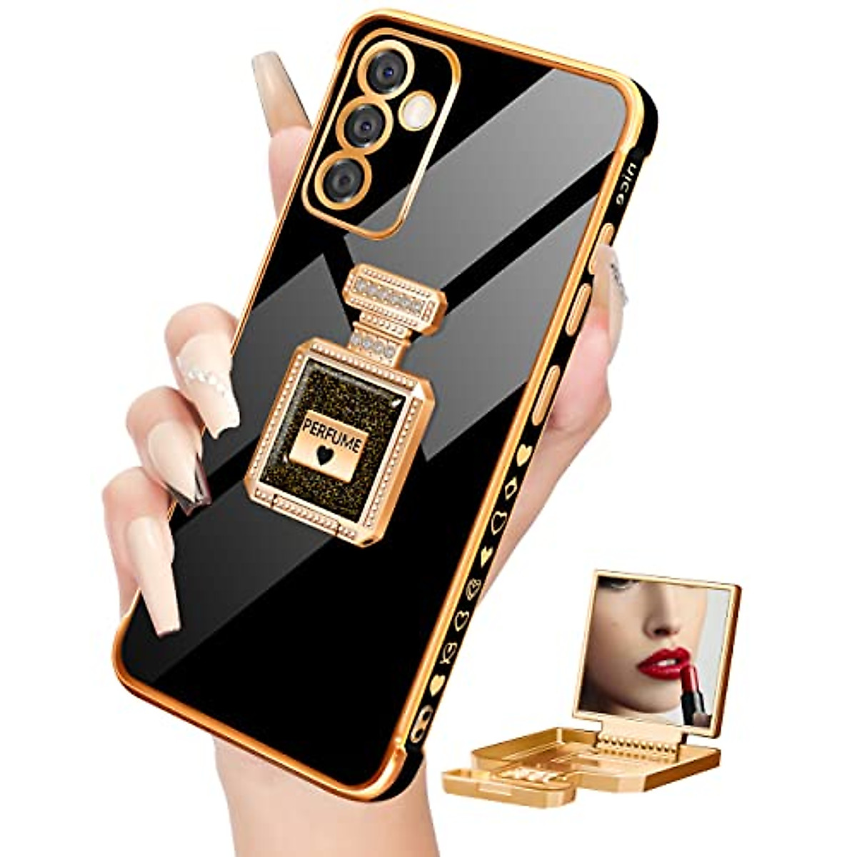 Buleens for Galaxy A13 5G Case with Metal Perfume Bottle Mirror Stand, Cute Women Girly Heart Cases for Samsung Galaxy A13 5G Case, Elegant Luxury Phone Cover for Samsung A13 5G Case 6.5'' Black
