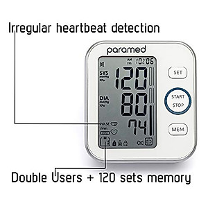 Paramed Blood Pressure Monitor - Bp Machine - Automatic Upper Arm Blood Pressure Cuff 8.7-15.7 inches - Large LCD Display 120 Sets Memory - Device Bag & Batteries Included