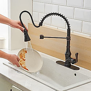 BATHLAVISH Oil Rubbed Bronze Kitchen Faucet Pull Down 3 Outlet Mode Sprayer Bar Sink Farmhouse Commercial Single Hole Single Handle Mixer Tap with 10-Inch Hole Cover Plate Solid Brass Lead-Free