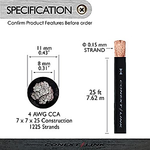 Conext Link 25 ft Black 4 Gauge Amplifier Power Ground Wire 25 Feet 4 GA AWG Amp Cable Roll （10848）