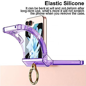 Jusy for Samsung Galaxy Z Flip 5 Case Ring, with Hinge Protection, Built-in Back Screen Protector & Ring Kickstand, Clear Elegant Shockproof Cover for Woman Girl, Purple