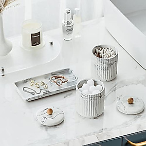 Redelaenor Marble Small Bathroom Jar Set ，Ceramic Cotton Swabs Holder with Lid and Dresser Organizer Set Tray for Storage and Organizing in Bathroom, Dresser, Kitchen, Office