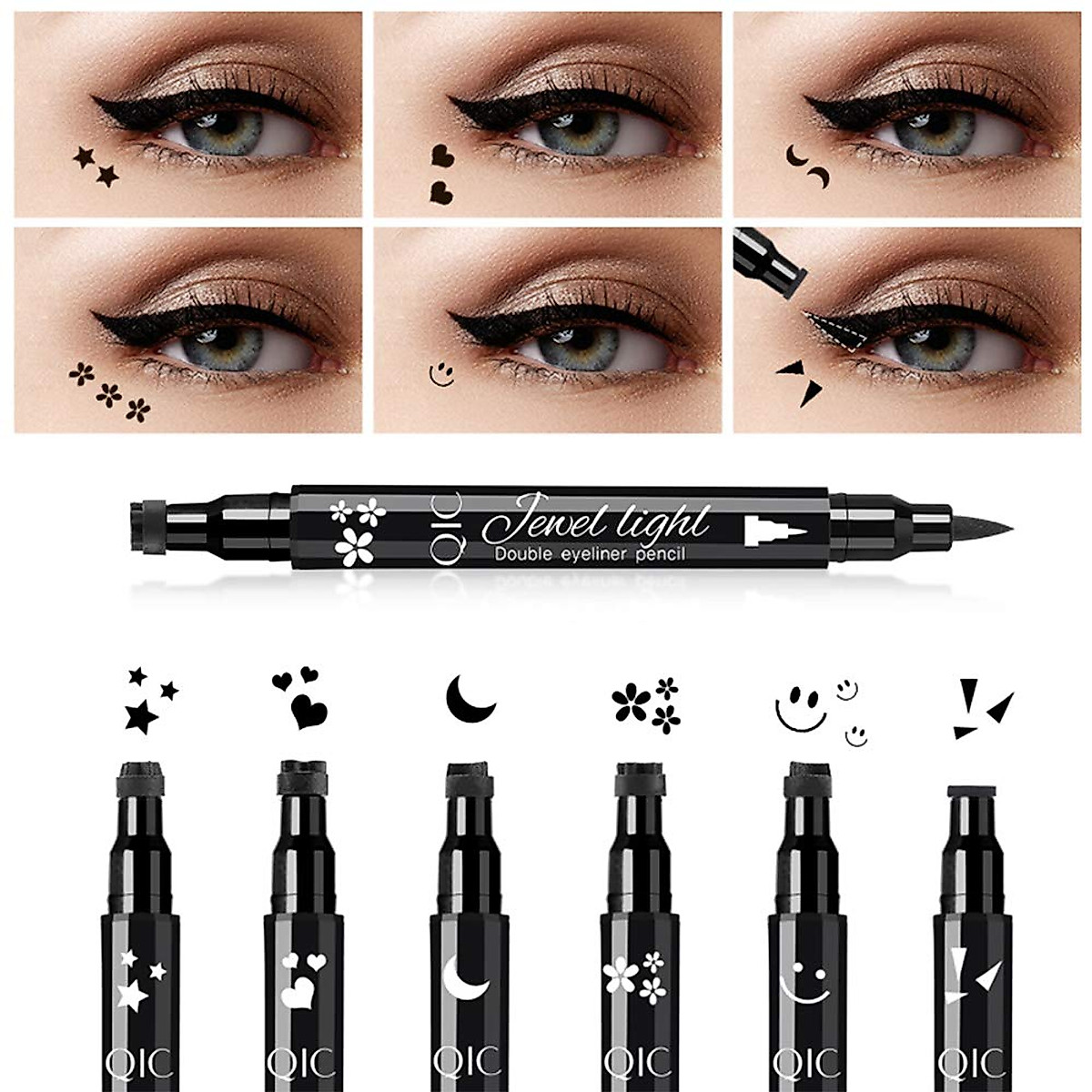 Go Ho 6 PCS Eyeliner Stamps,Double-sided Super Slim Gel Felt Tip High Black Eye Liner Pen,Waterproof Smudge-Proof Smooth Eyeliner Makeup Tools（6 Shapes）