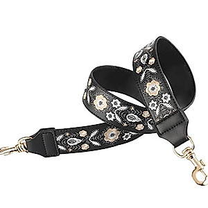 Embroidery Flowers Genuine Leather Handbags Strap HandBag Straps Replacement Shoulder Bag Straps (Black-01)