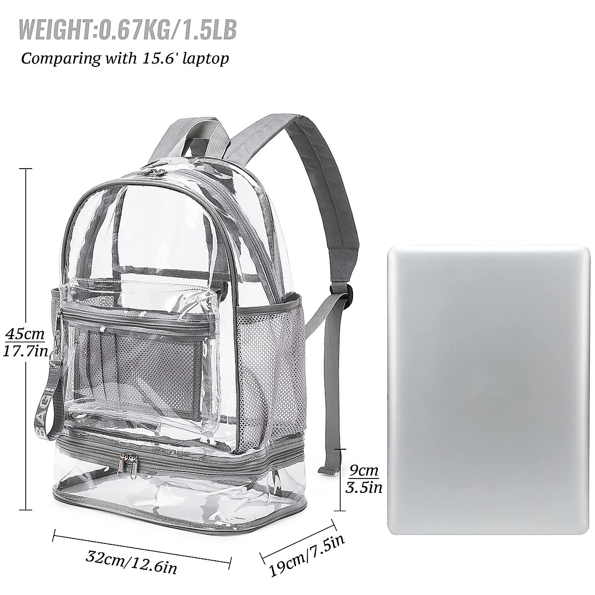 mygreen Clear Backpack with Bottom Compartment for Lunch Box or Shoes, 2-in-1 Design for School, Sports, Work, Stadium, Security, Travel, College Grey