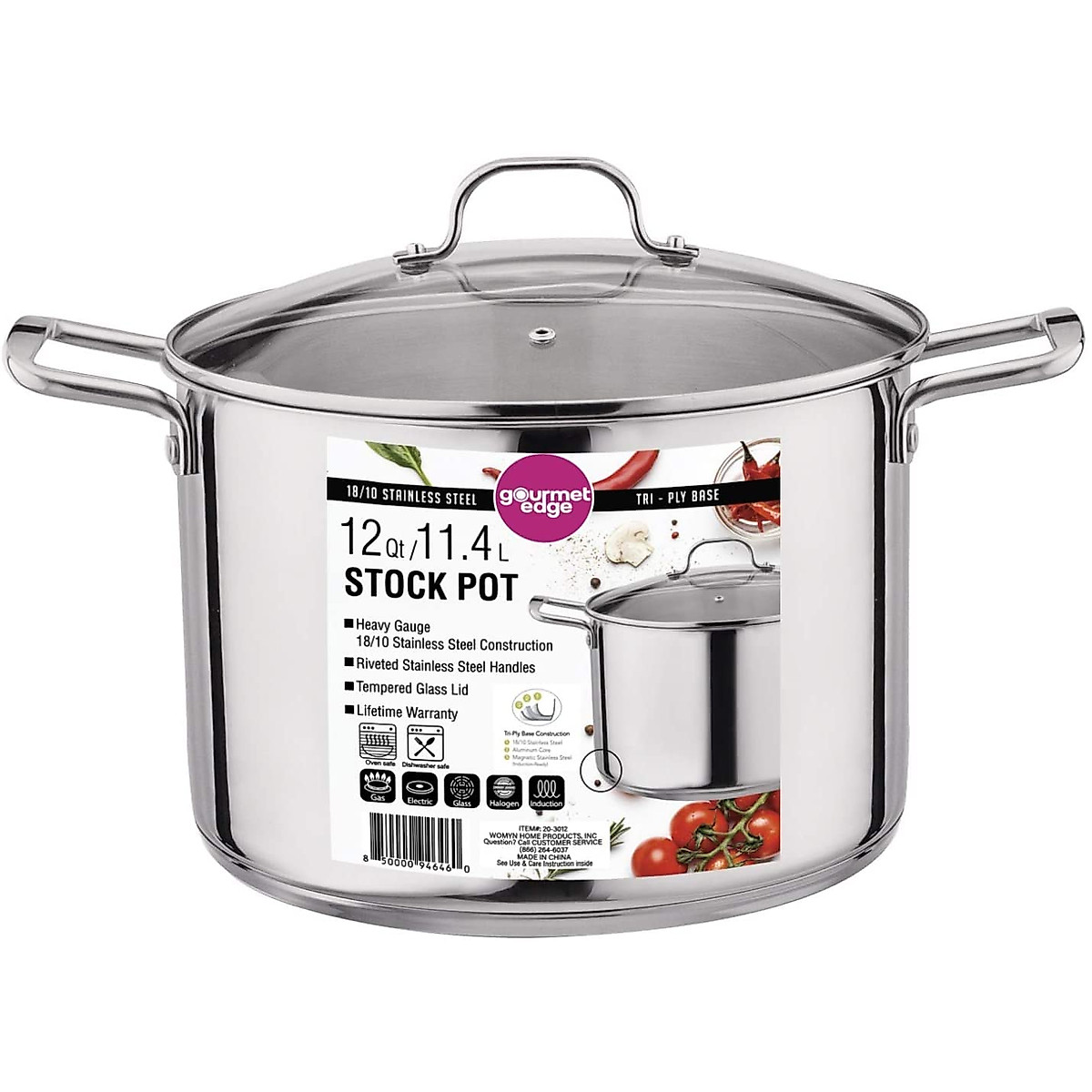 Gourmet Edge 12-Quart Stock Pot - Stainless Steel Soup Pots with Lid as Dishwasher and Oven Safe Cookware, Silver