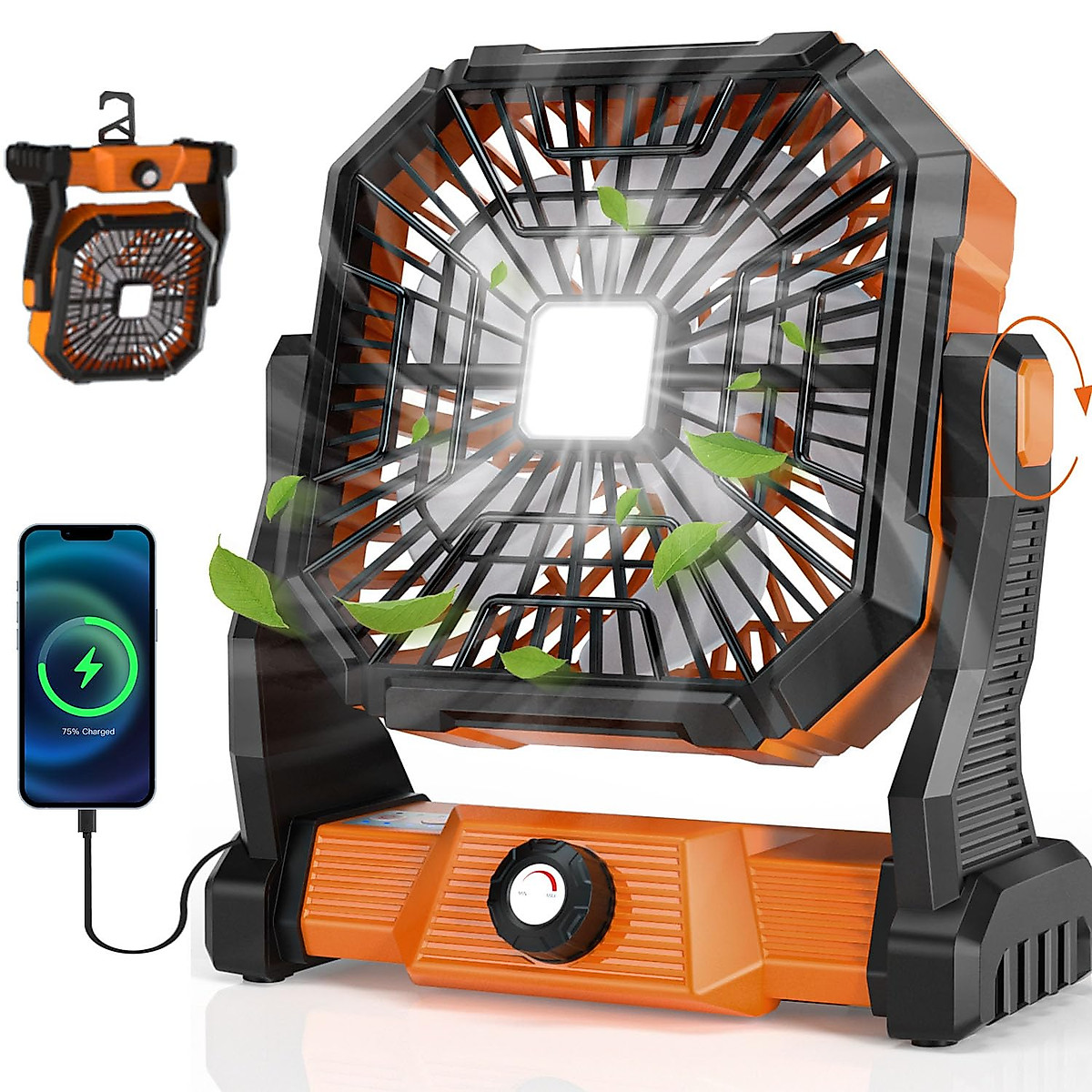GIPAOE Personal Fan Camping rechargeable, 20000mAh Battery powered fan with LED Lantern,270°Head Rotation, Small Table/USB Desk Fan Portable with Hanging Hook for Travel Camping Tent Office, Orange