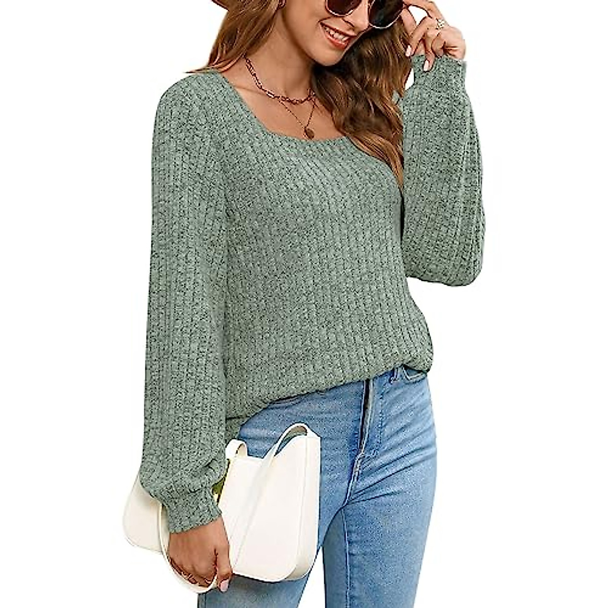 BZB Womens Tunic Tops to Wear with Leggings Oversized Puff Sleeve Winter Sweaters Green L