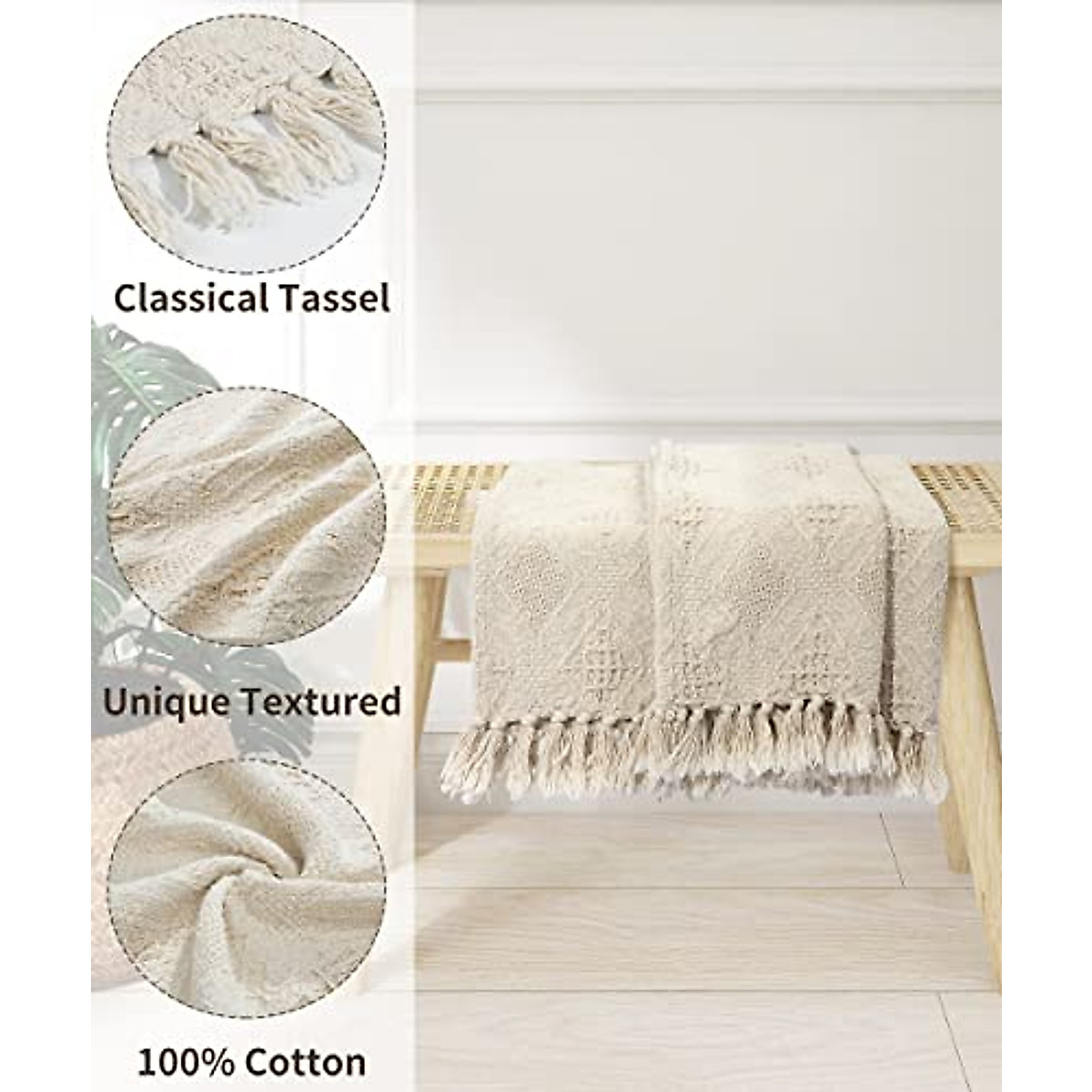 Maxpeuvon Beige Throw Blanket Boho Soft Cozy Knit Blanket with Tassel, Solid Decorative Blankets and Throws, Decor Blanket for Bed, Travel Blanket, Sofa, 50"×60"