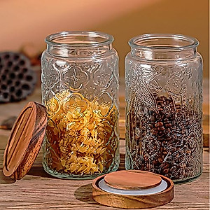 34 OZ/2 PCS Glass Storage Jar with Airtight Bamboo Wooden Lids, Vintage Food Containers Canisters Sets for Kitchen Counter Pantry, Sugar, Flour, Candy, Tea, Coffee Beans, Oats, Grain Bin, Pasta, Cereal